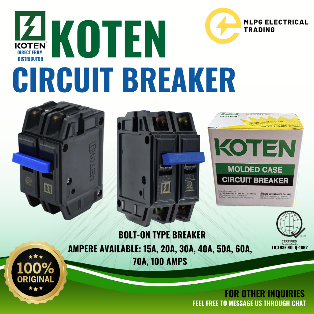 Koten Circuit Breakers 2 Pole (HPH) BOLT-ON 15A 20A 30A 40A 60A 70A 100A | Shopee Philippines