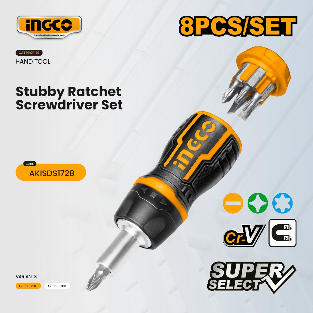 Ingco 8in1 25mm Stubby Screwdriver Set Short Screw Driver Flat & Philip ...