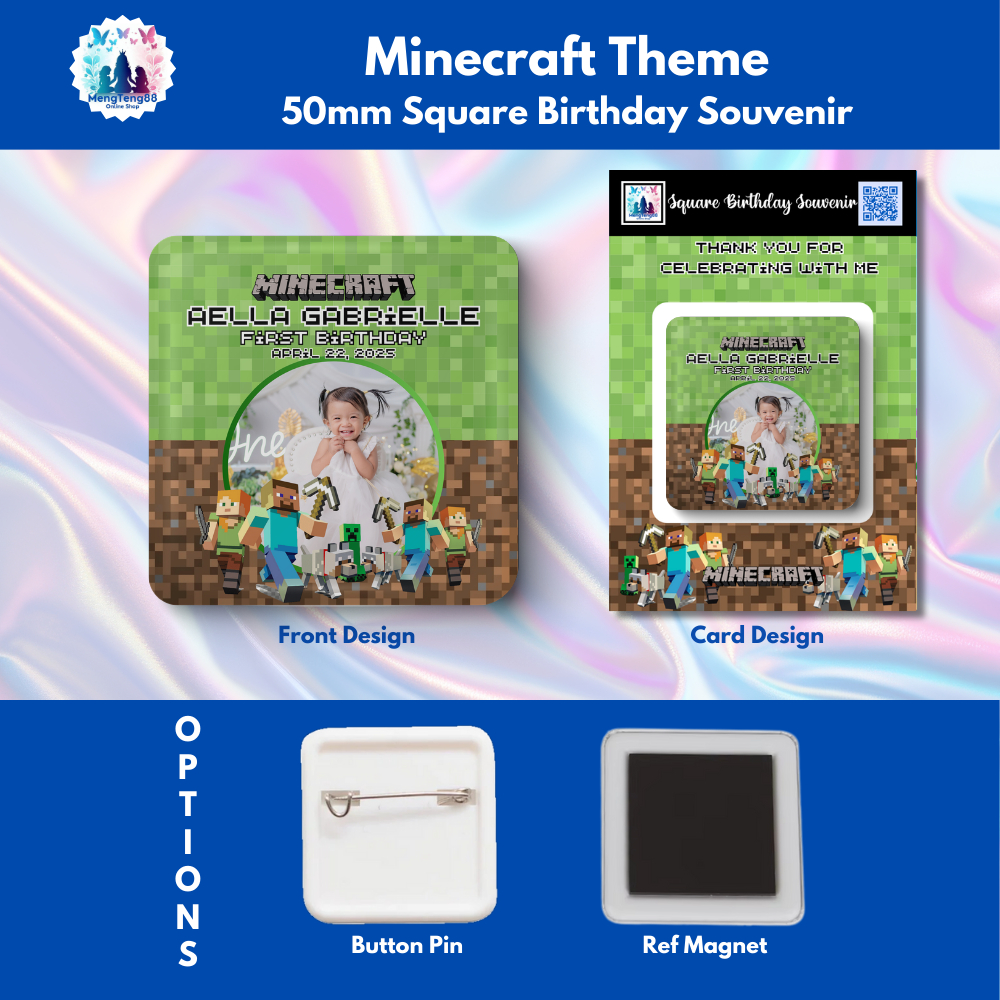 Minecraft Theme Personalized Birthday Souvenir: Square Badge Pin / Ref ...