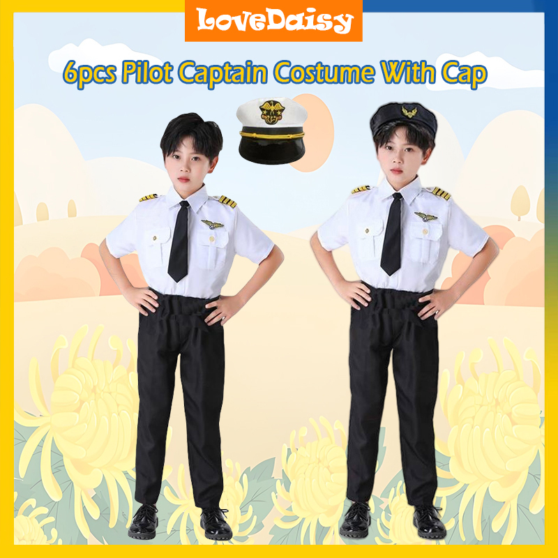 6pcs Pilot Captain Costume With Cap Flight Attendant Suit Kid Career ...