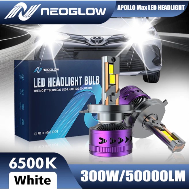 2PCS NEOGLOW APOLLO MAX 300W 50000Lumens 6500K White color H4 LED Headlight Bulbs with Canbus ...