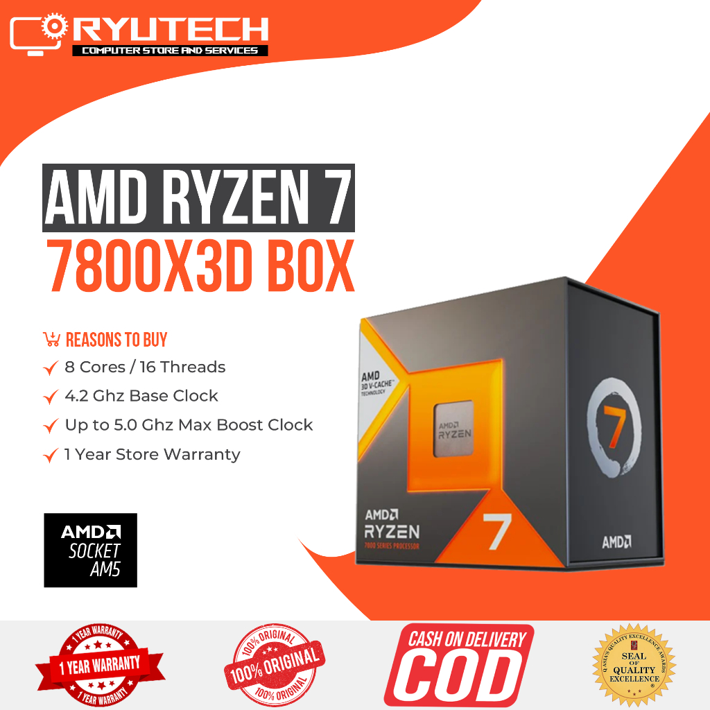 AMD RYZEN 7 7800X3D BOX 8 Cores / 16 Threads 4.2 Ghz Base Clock Up to 5 ...