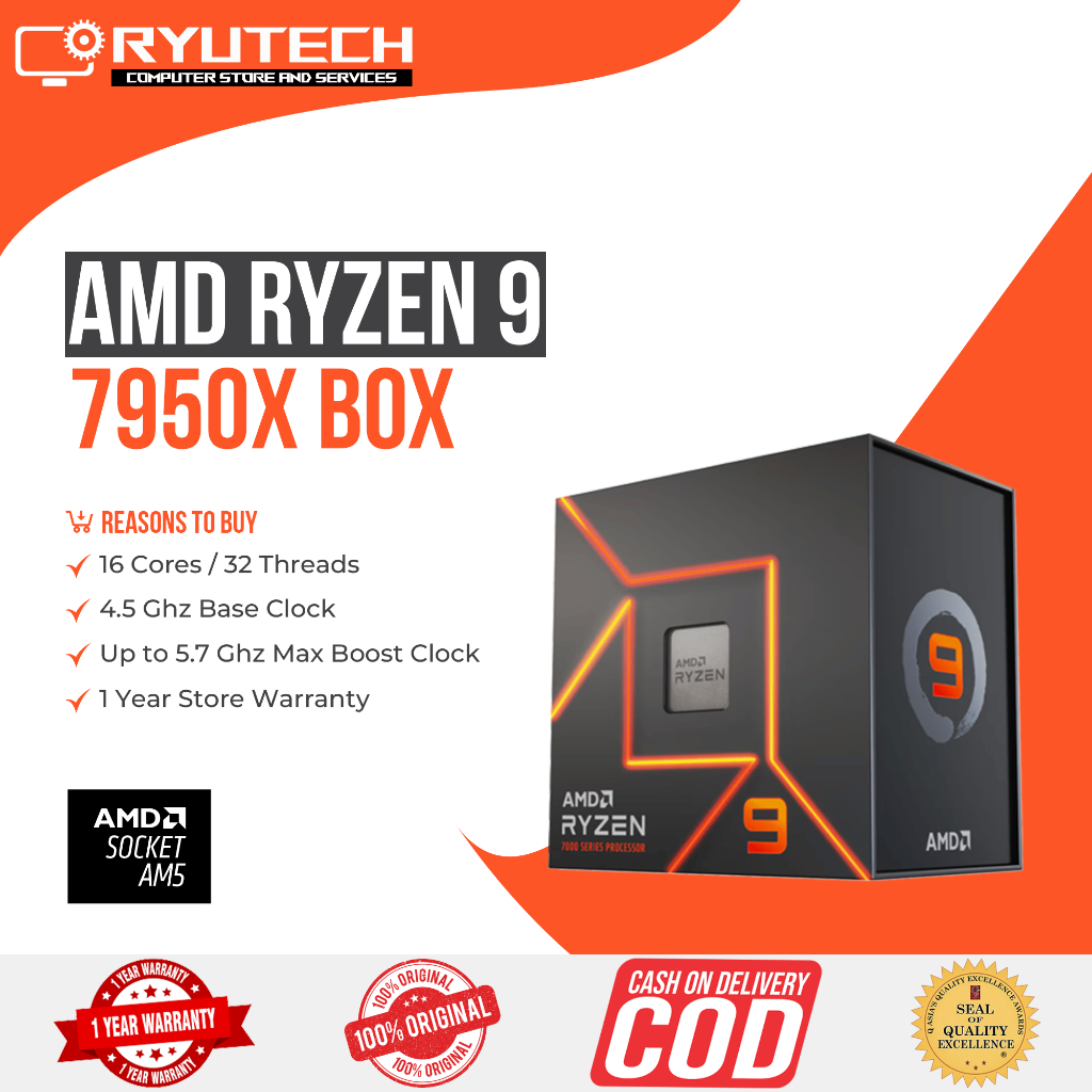 AMD RYZEN 9 7950X BOX 16 Cores / 32 Threads 4.5 Ghz Base Clock Up to 5. ...