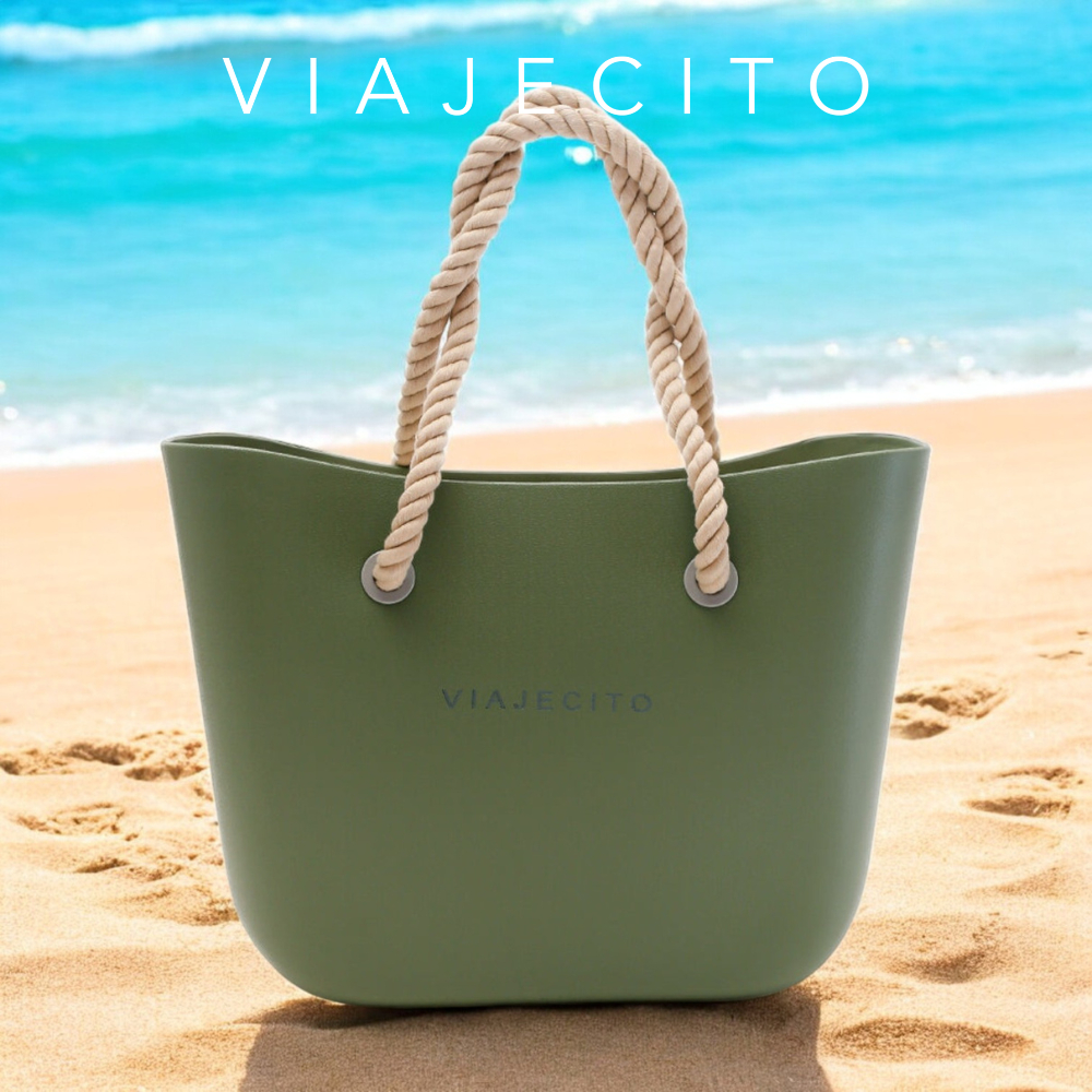 Viajecito Standard Beach Tote Olive Green with Natural Lining & Natural ...