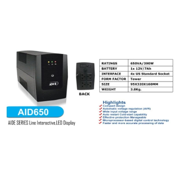 AWP AID650 Aide 360W-650VA UPS with AVR Uninterruptible Power Supply (4 ...