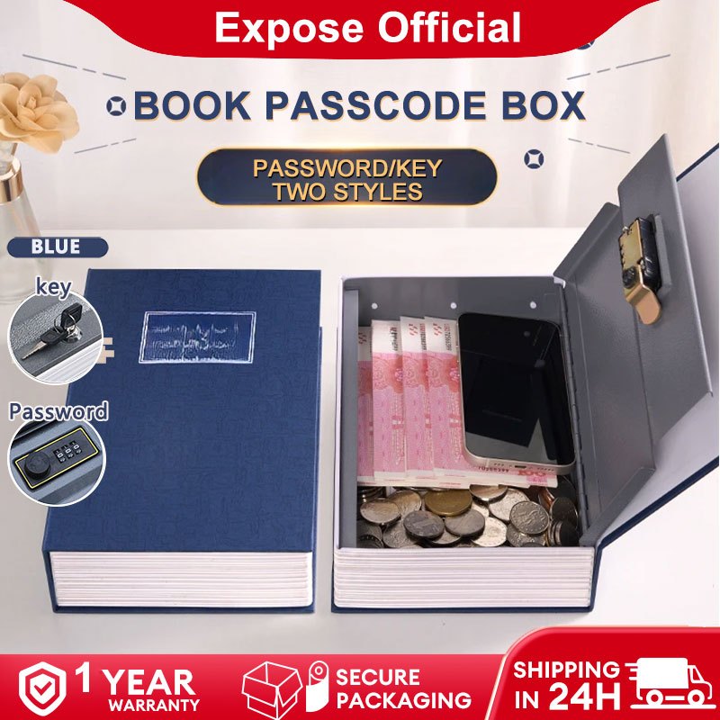 Expose Cash Money Box Blue Mini Safe Box Password with Key Hidden Book ...