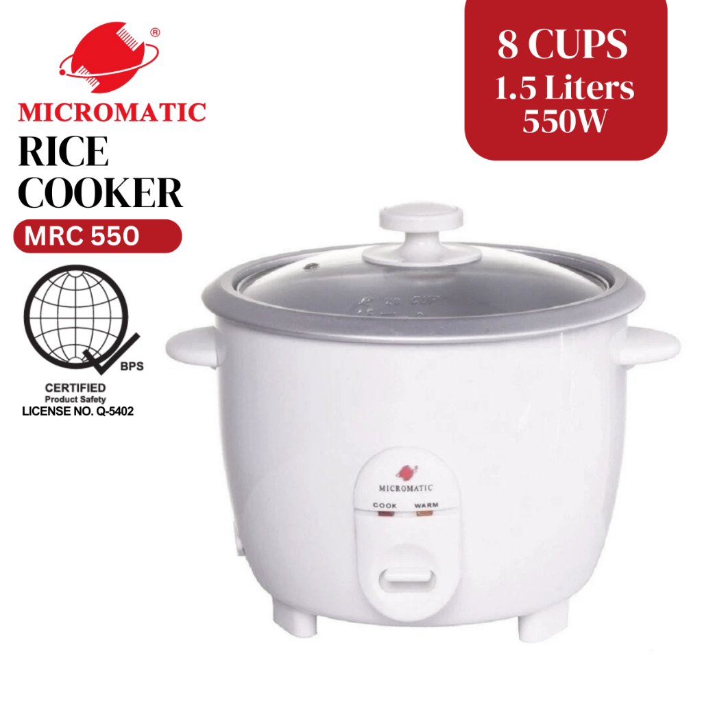 Micromatic Rice Cooker with Glass Cover White Body 1.5L 8 Cups MRC-550 ...