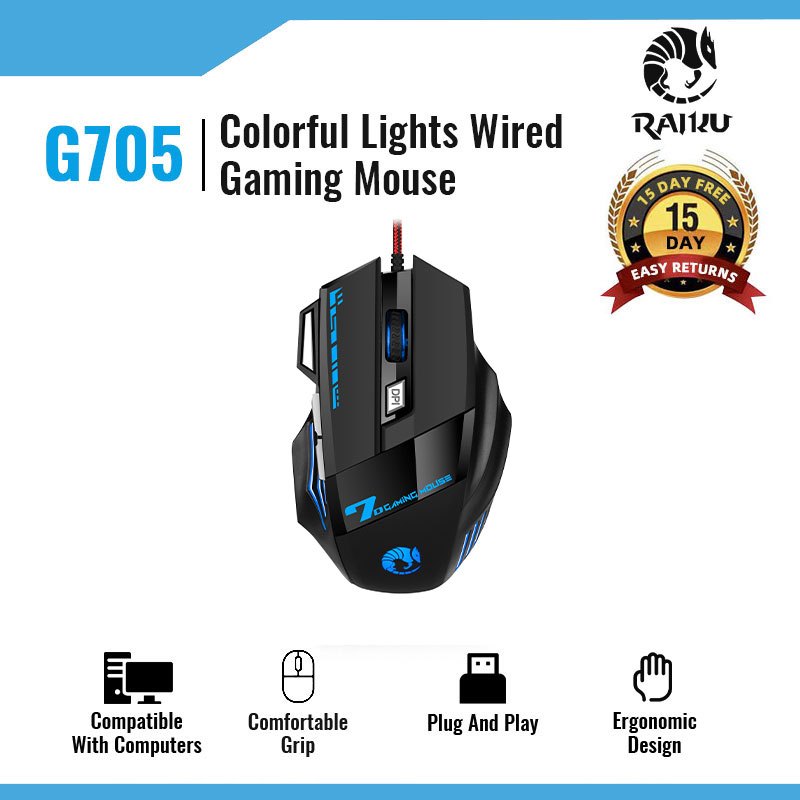 Raiku Wired Gaming Mouse 4 DPI Adjustment LED Optical Mice 7 Buttons ...