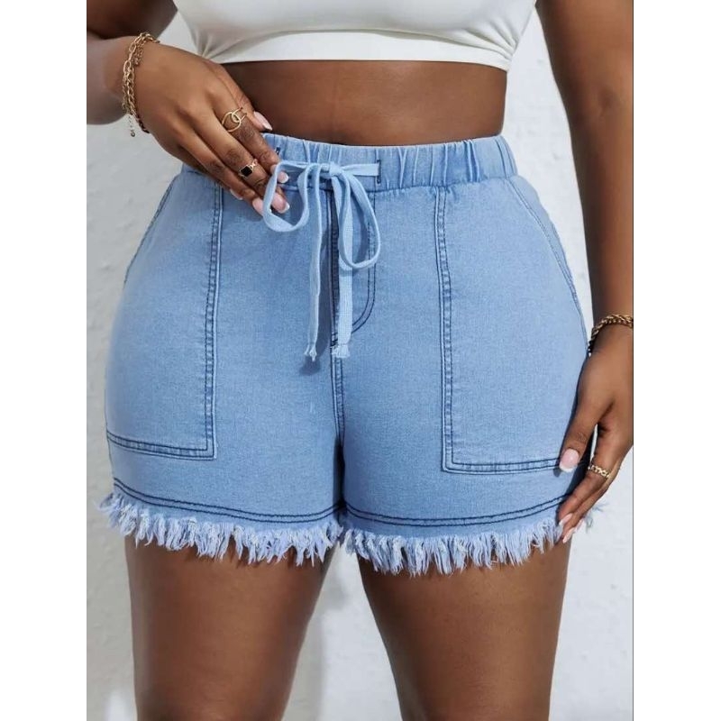 3for100 drawstring High Waisted Washed Blue Denim Shorts Garterized ...