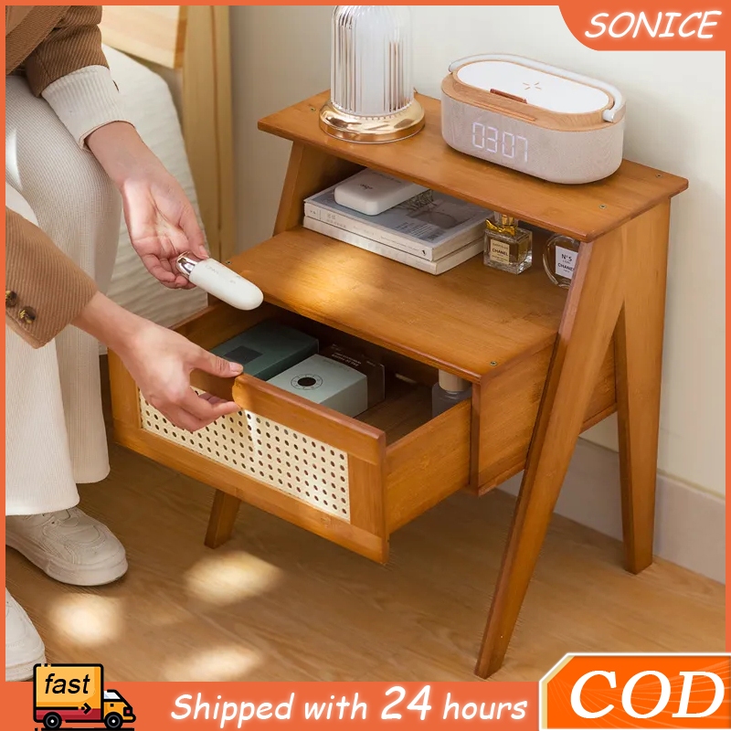 Bedside Tables Wood Nightstand Small Side Table Rattan For Bedroom ...