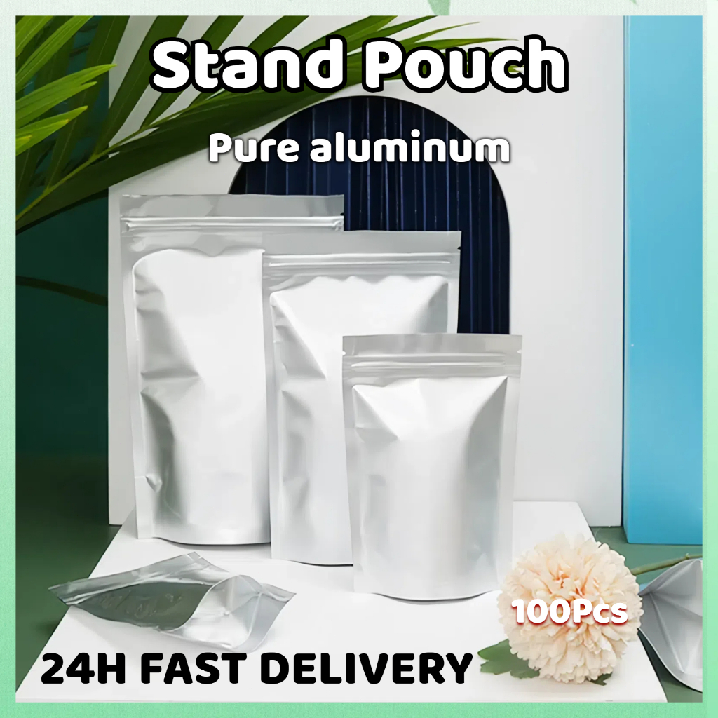 100pcs Pure Aluminum Stand Up Pouch Zip Lock Resealable Packaging Airtight Storage 500g | Shopee ...
