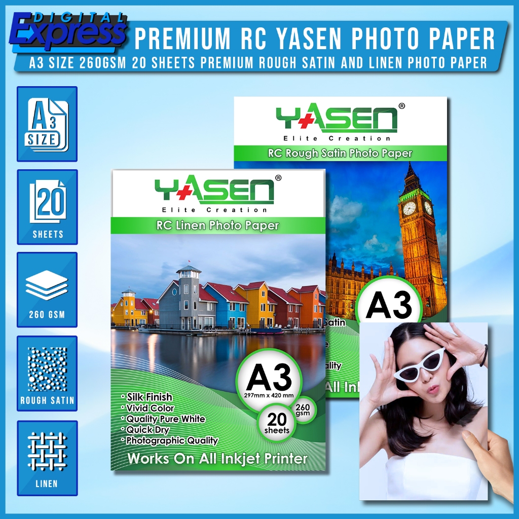 20 Sheets RC Rough Satin & Linen Photo Paper 260 GSM Yasen A3 Size ...