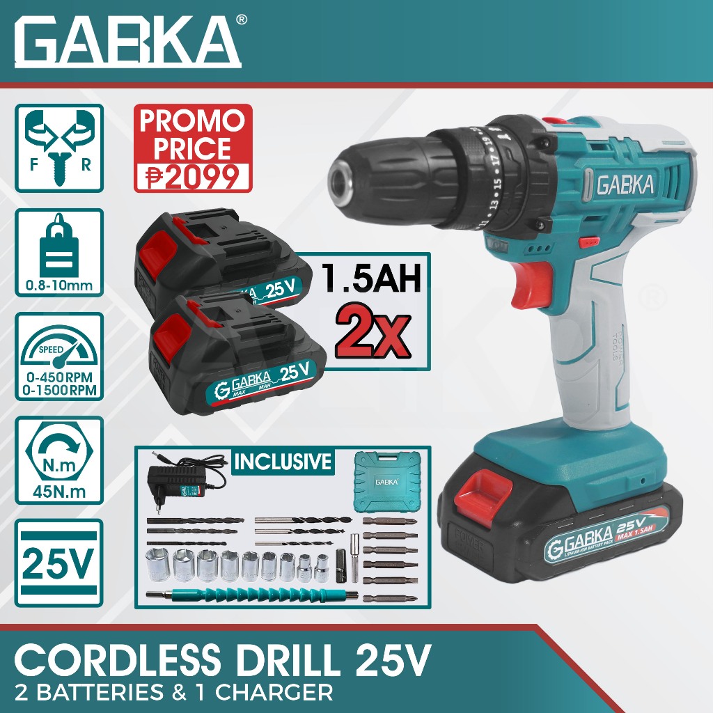 GABKA Cordless Hammer Drill 25V Set Heavy Duty Battery Rechargeable 2 ...