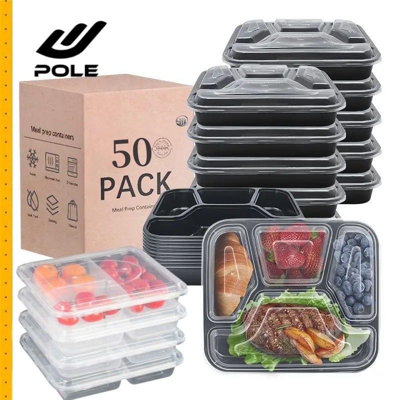 50Pack Bento Box Tray With Plastic Lid Microwavable Food Box Cleak ...