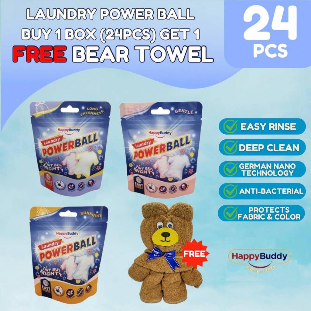 Happy Buddy Laundry Power Ball + 1 FREE BEAR TOWEL (24𝐩a𝐜k𝐬 𝐏𝐨𝐰𝐞𝐫 𝐁𝐚𝐥𝐥 ...