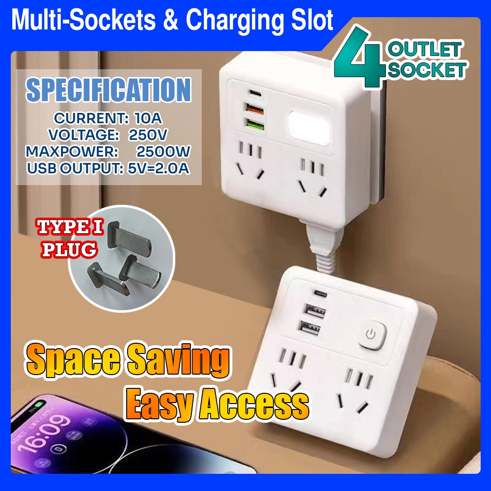 Multi Sockets Wall Mounted Power Outlet With Charging USB Ports 4 AC ...