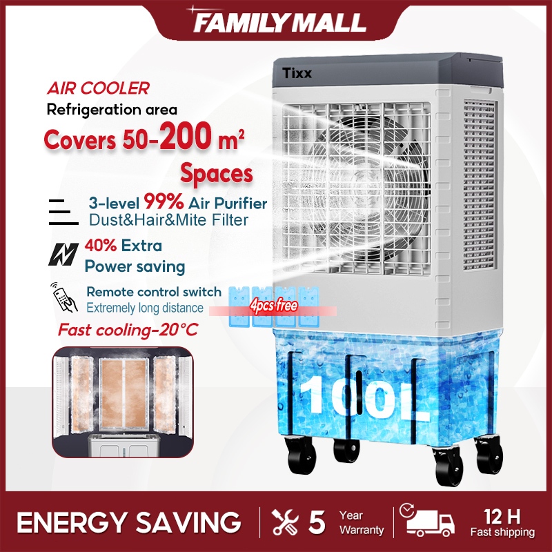 TIXX 1HP Air Cooler Fan 100L/70L Aircon Fan With HEPA Air Filter Mite Dust Hair Filter Electric ...