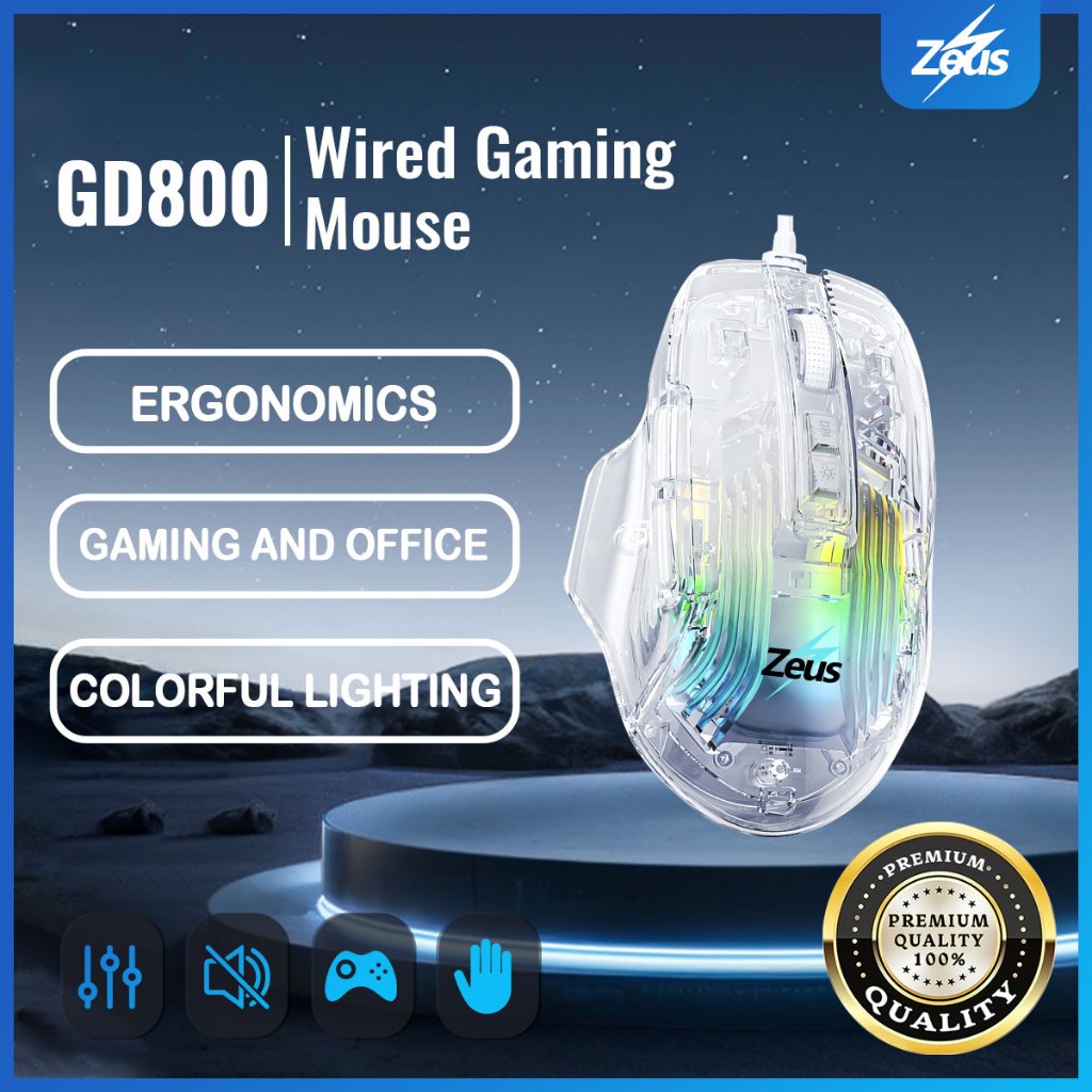 Zeus® (GD-800) transparent wired gaming mouse features 4-level DPI RGB ...