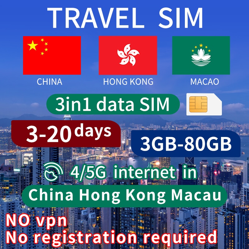 China+Hong Kong +Macau Travel SIM ( 3-80GB 3-15days) 4/5G DATA SIM card Universal for 3 places ② ...