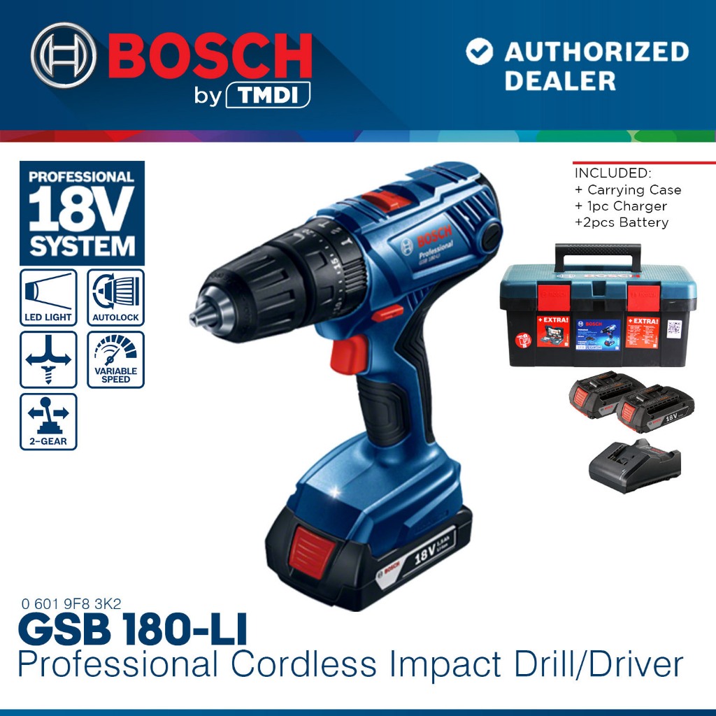 BOSCH Li-Ion Cordless 18V Impact Drill Set/Screwdriver Wood Metal ...