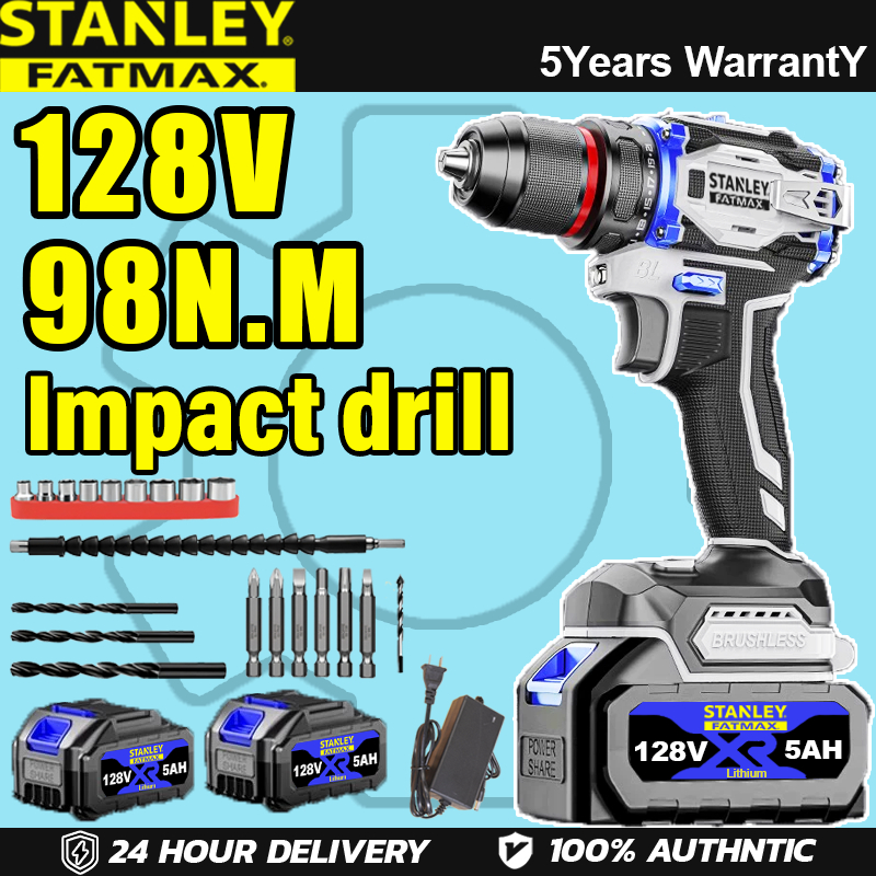 【Free 2x Battery】STANLEY 128v Brushless Drill Cordless Impact Drill Electric Screw Driver Hammer ...