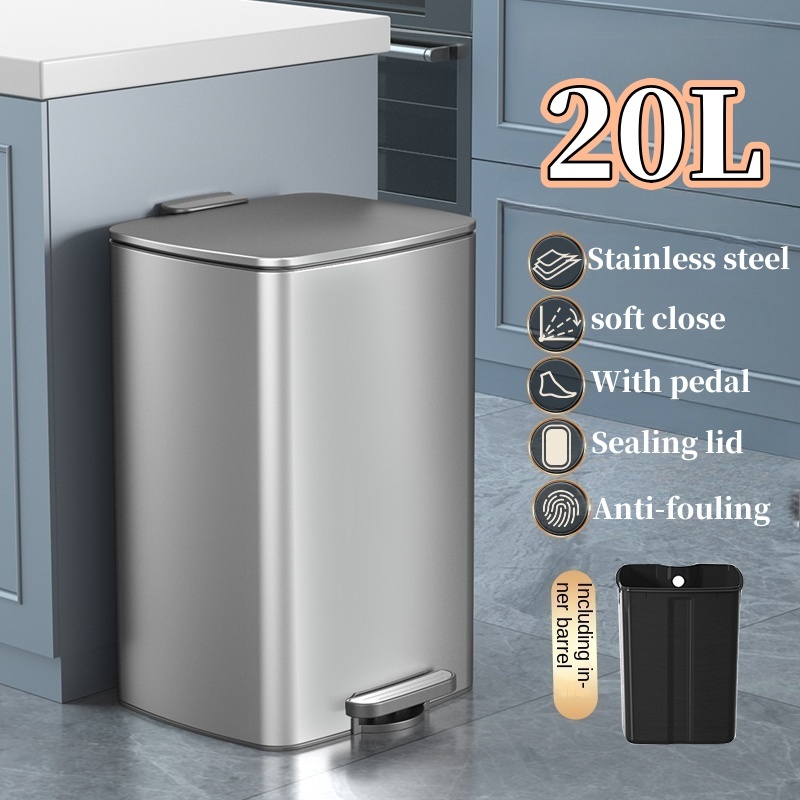 20L Square stainless metal bathroom trash bin with pedal soft close ...