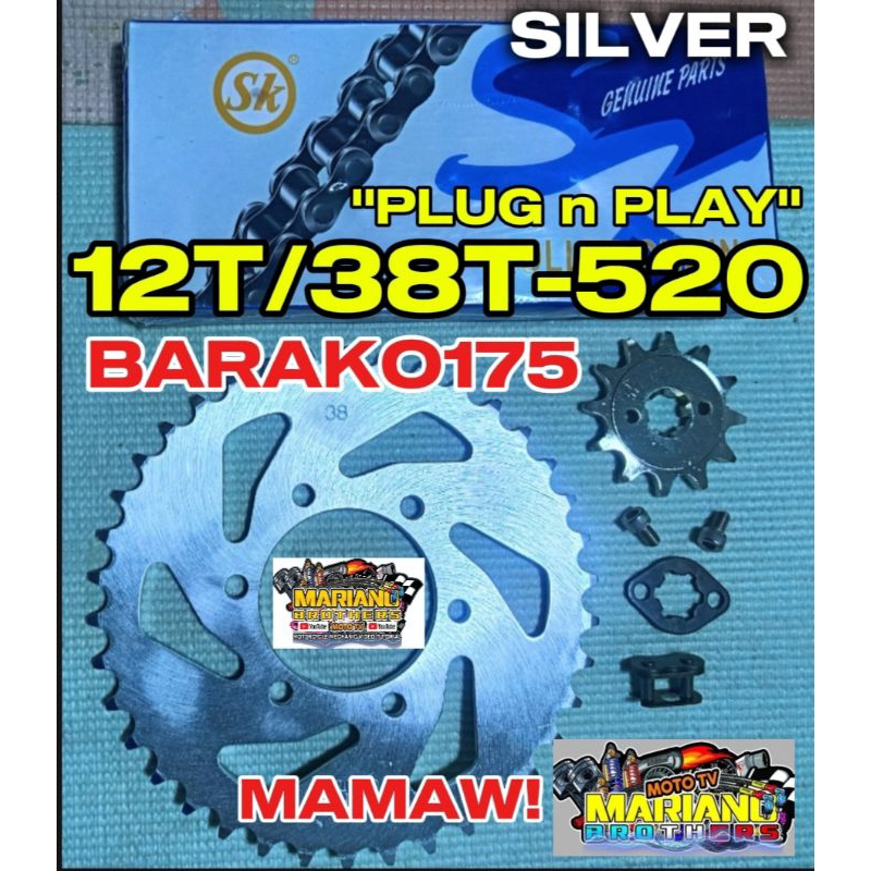 12T/38T-520 BARAKO175 SPROCKET/CHAIN SET/FREE CHAIN LOCK,STICKER,FIXING ...