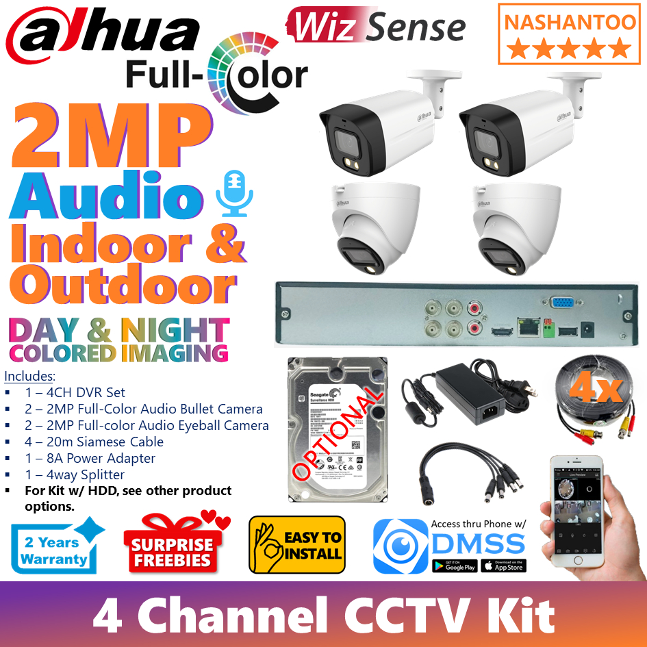 Dahua 4CH 2MP Full-Color Audio 4Camera Indoor/Outdoor DIY CCTV Package ...