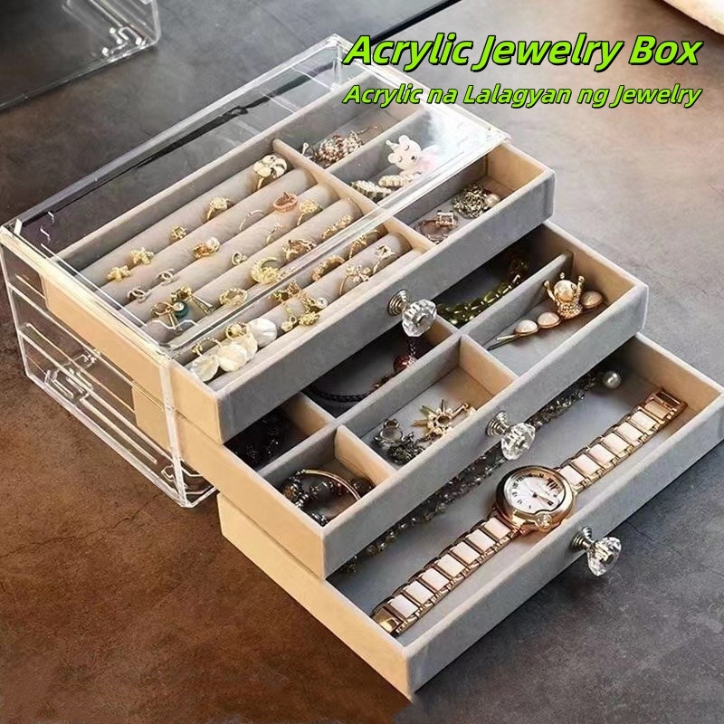 3 Layers Acrylic Jewelry Box Dustproof Drawer Velvet Type Watch Earring ...