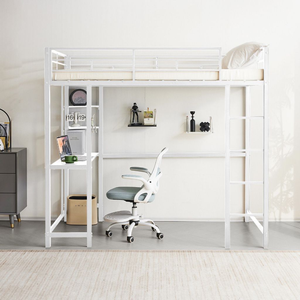 Twin Size Metal Loft Bed with Desk and Storage Shelves 2 Built-in ...