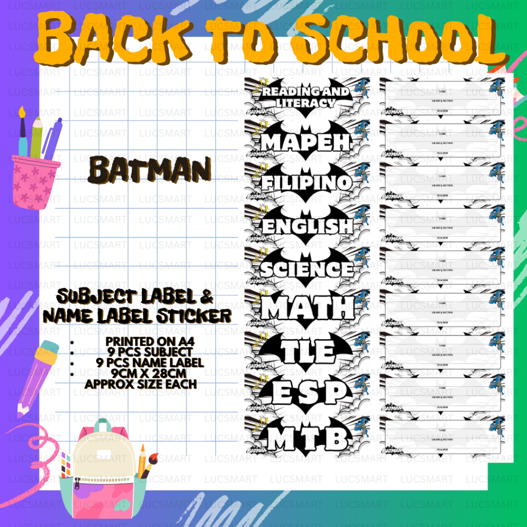 LUCSMART Fast shipping - NEW DESIGN BATMAN THEMED Subject and Name ...