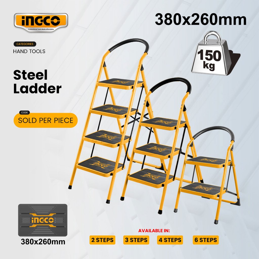 Ingco 2-4 Steps Steel Ladder 150kg Capacity Anti-Slip w/ Wide Platform ...