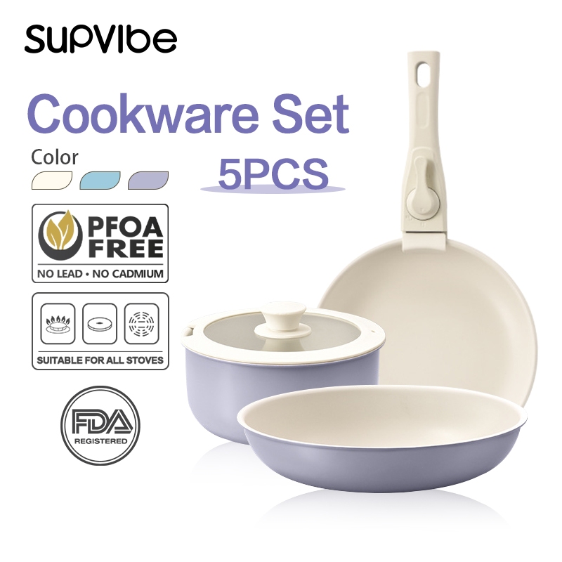 SUPVIBE Non-stick Pan 3Pcs/Set Kitchen Removable Handle Cookware Set ...