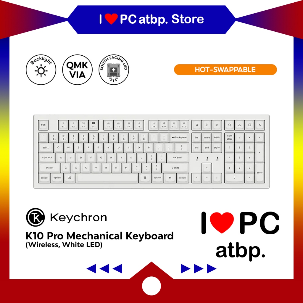 Keychron K10 Pro White QMK Mechanical Keyboard Full Layout, Wired/Bluetooth, White LED, Hot-Swap ...