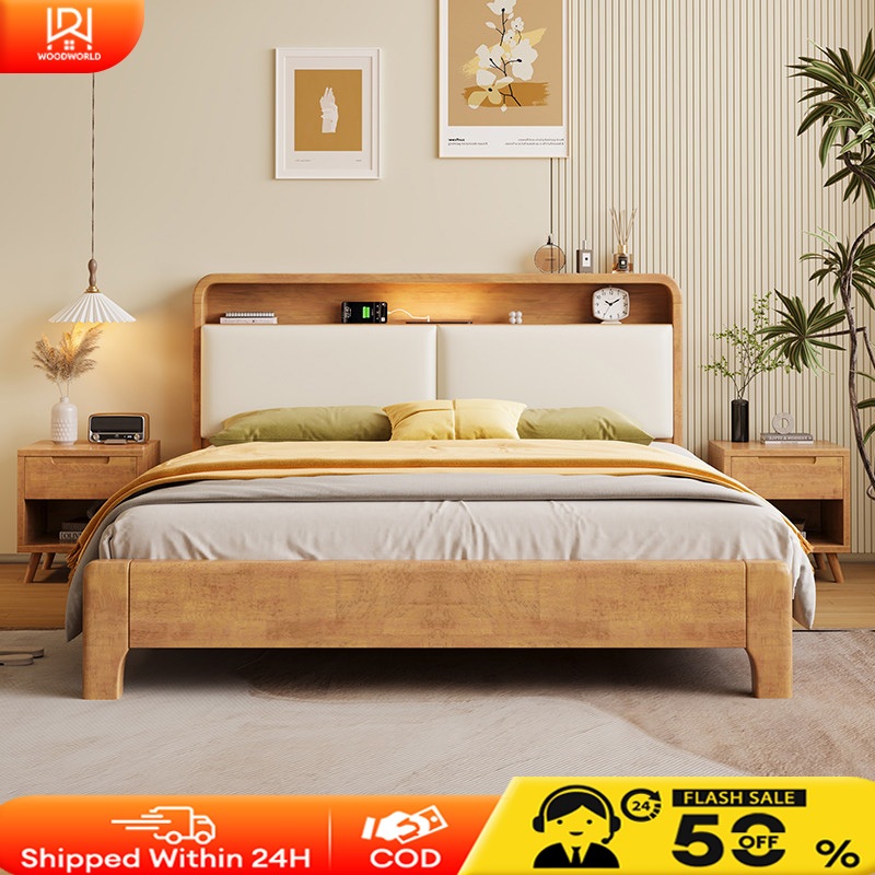 47/70 INCH Solid Wood Bed Frame with soft bag 2M Long Bedroom Furniture ...