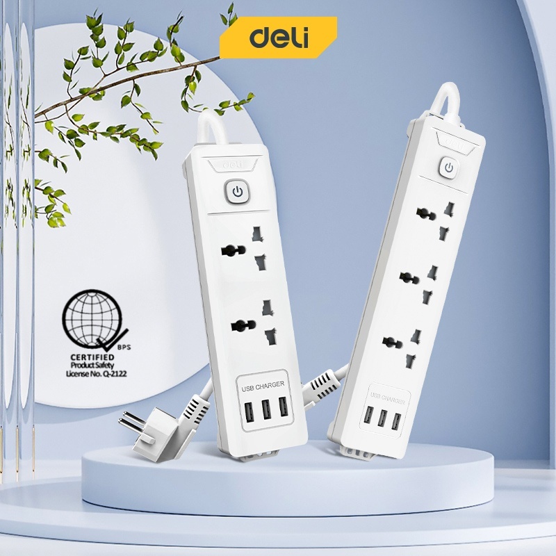 Deli 2M Power Strip Universal Triple Electirc Socket With 3 USB Port ...