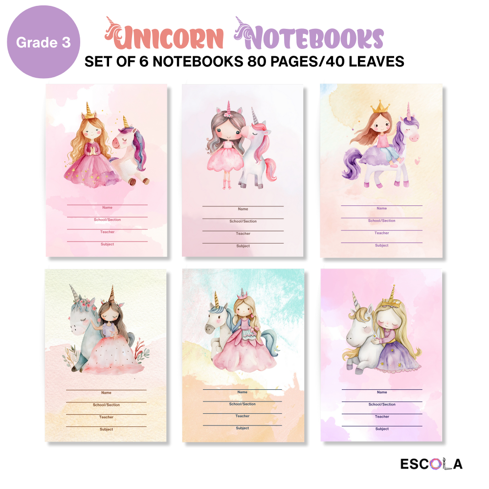 Set of 6 GRADE 3 Writing Notebooks, Unicorn Design, Standard A5, 40 ...