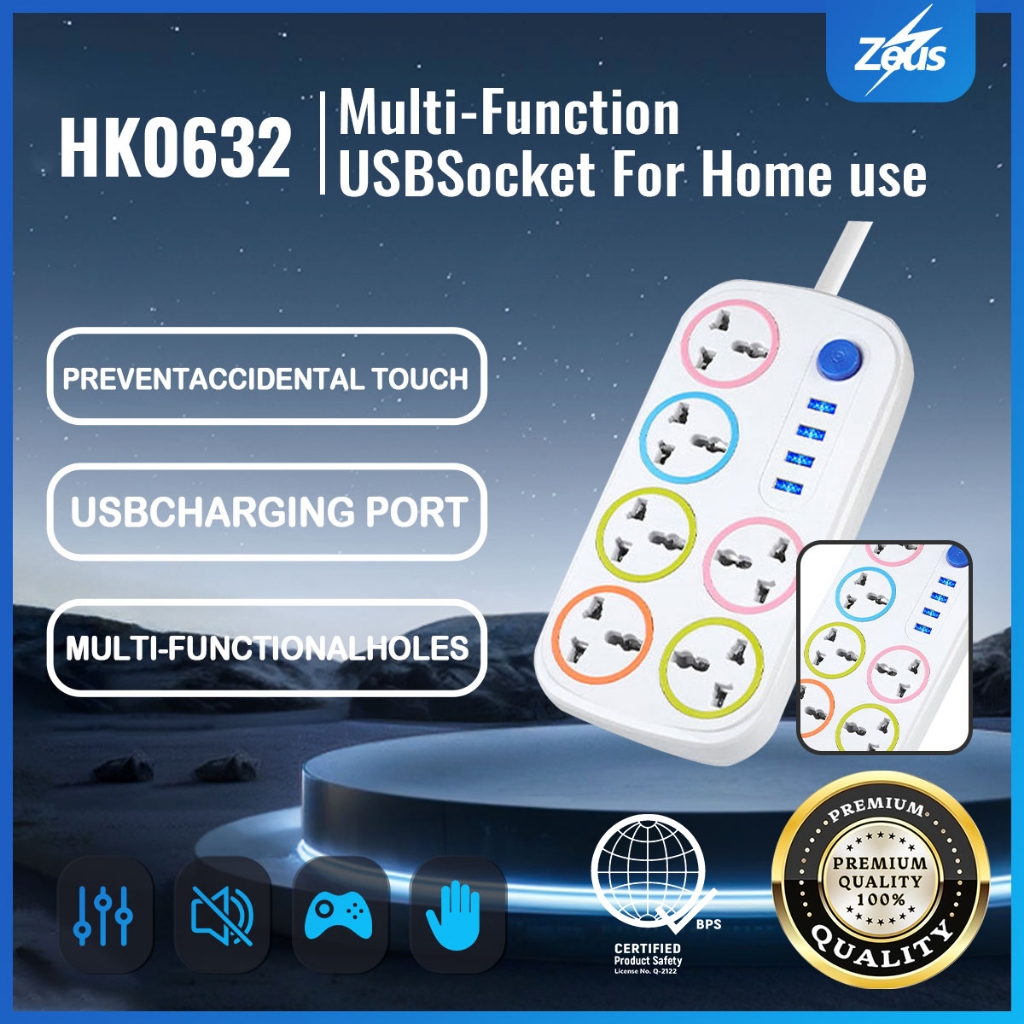 Zeus® Power Universal Socket Extension Moveable Multi Function Socket W Usb Socket Extension