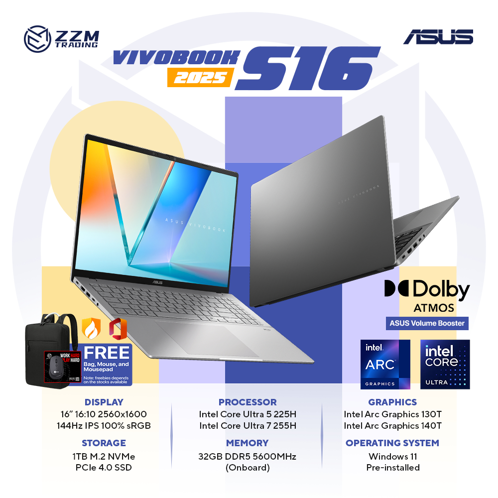 ASUS Vivobook S16 2025 U5-225H/U7-255H Arc Graphics 16" WQXGA 144Hz ...