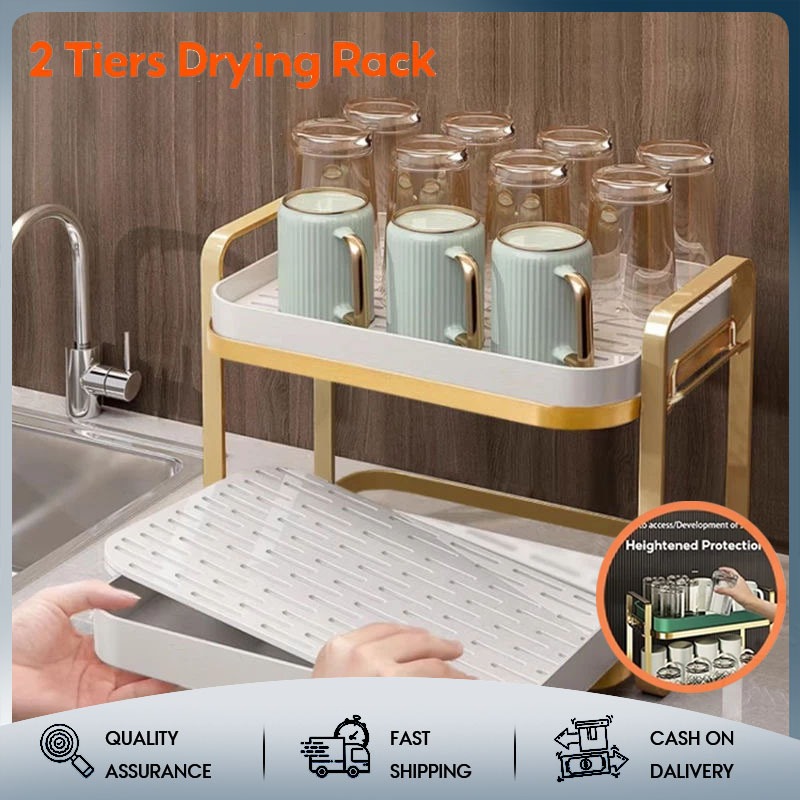 2-Tier Cups Drying Rack With Drain Tray Kitchen Organizer Shelf for ...