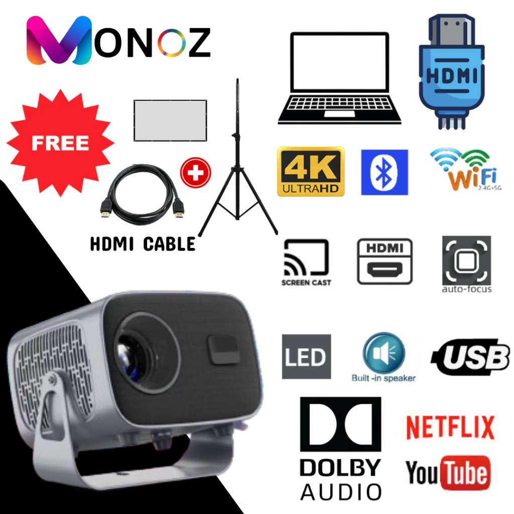 A10 PRO 4K Smart Projector – Android WiFi Bluetooth Portable 360 ...