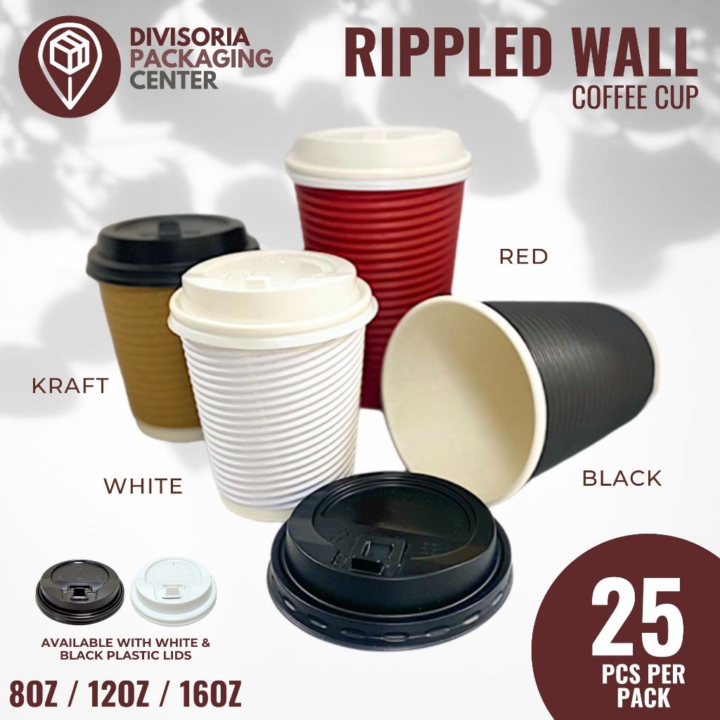 (25pcs) Rippled Coffee Cup [8oz | 12oz| 16oz] - Black / Gray / Kraft ...