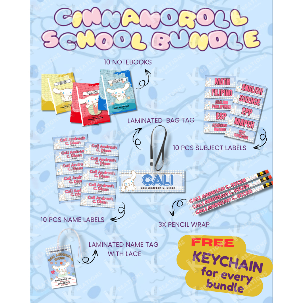 CINNAMOROLL SCHOOL BUNDLES (NAME & SUBJECT STICKER LABELS, NAMETAG ...