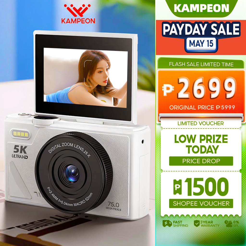 KAMPEON Digital Camera 75MP 5K Vlogging Camera 4.0 Flip Screen 25X ...