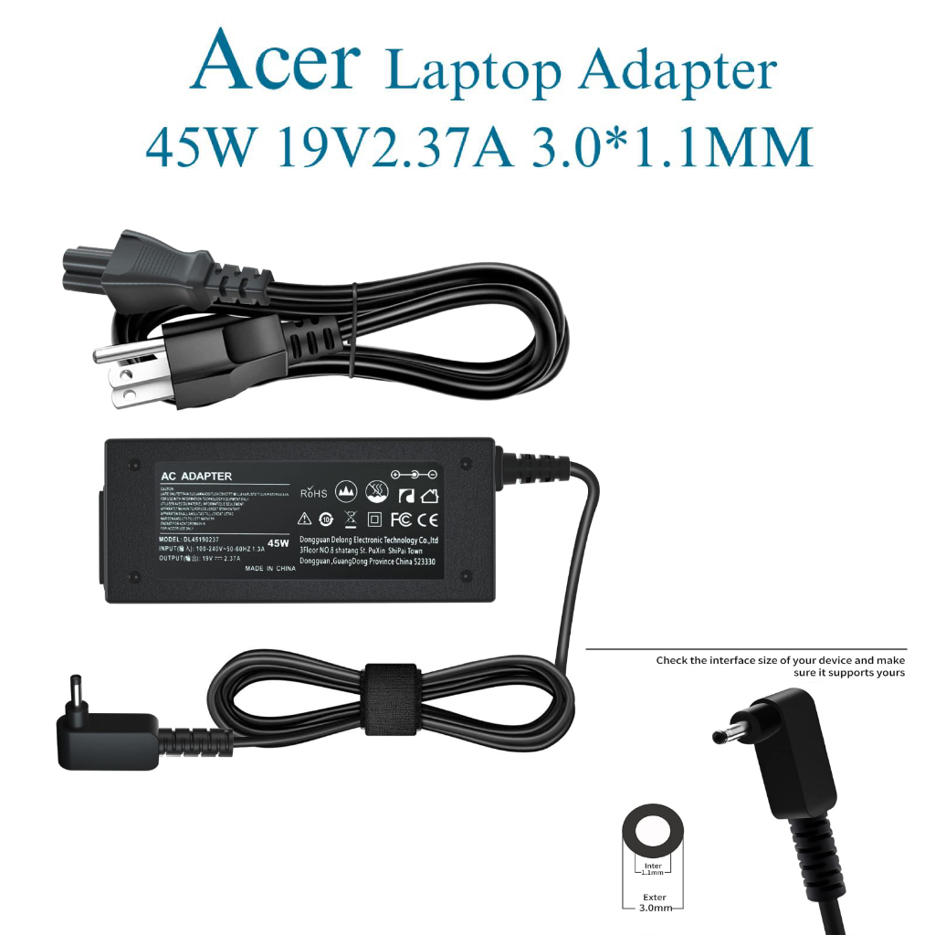 Acer Laptop Charger 65W 3.0 x 1.1mm small pin 19V 3.42A/2.37A Power ...