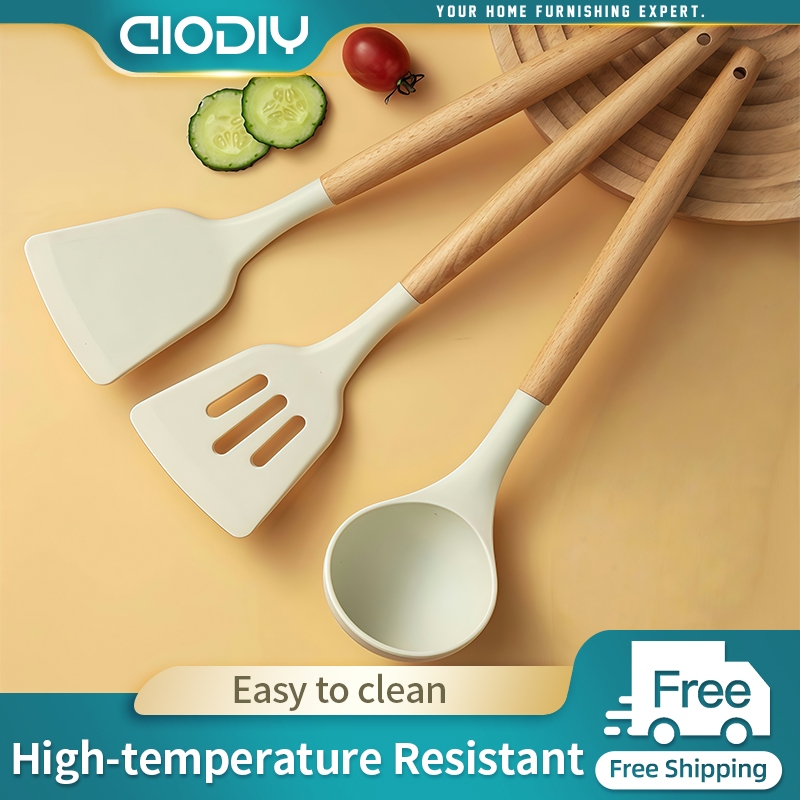AIODIY 3PCS Silicone Kitchen Utensils Set Wooden Handle Non Stick ...