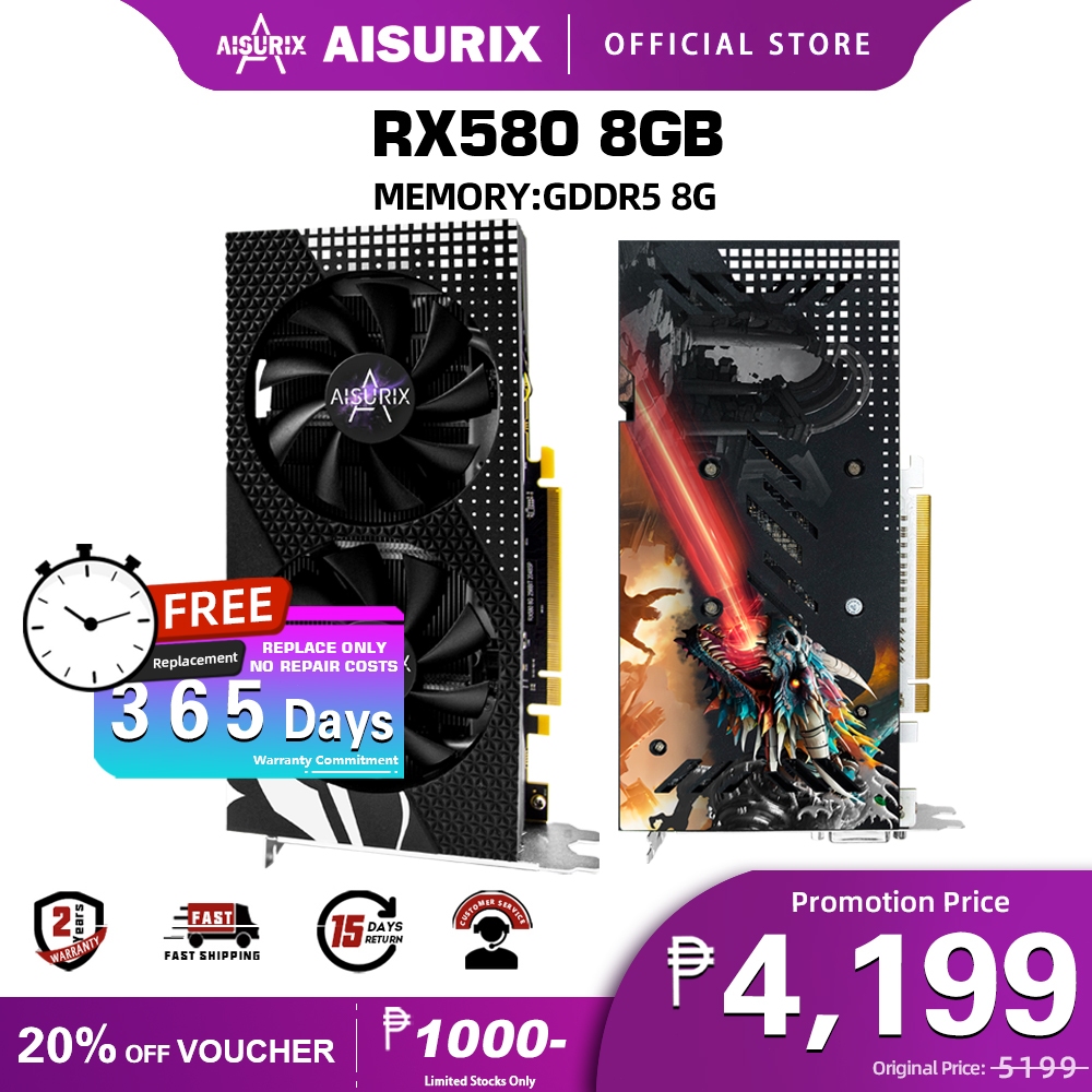 AISURIX Graphics Card RX580 8GB GDDR5 256Bit 2084SP Computer GPU Video ...