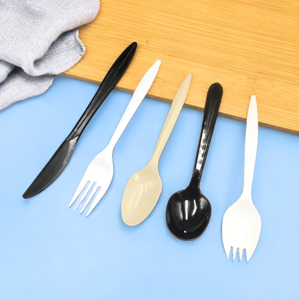 [100pcs] Disposable Black Spoon, Spork and Fork Set Plastic Utensils ...