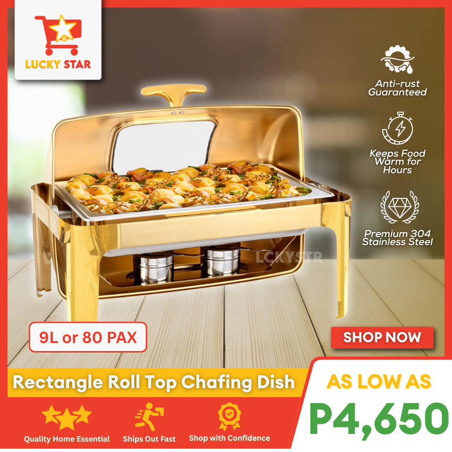 LUCKY STAR Rectangle GOLD Roll Top Chafing Dish Buffet Set | Stainless ...