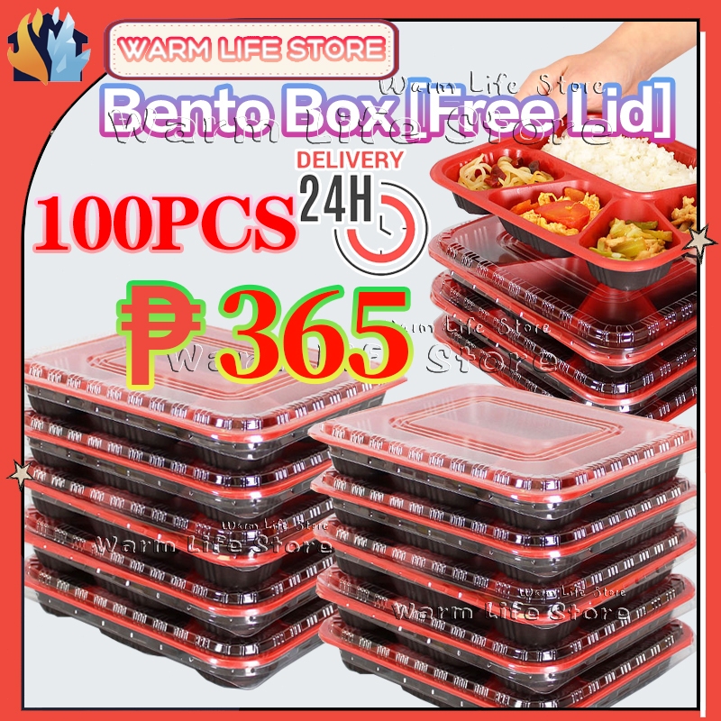 100PCS Thick Red Bento Box with Lid 1/2/3/4/5 Grid Divided Takeout ...